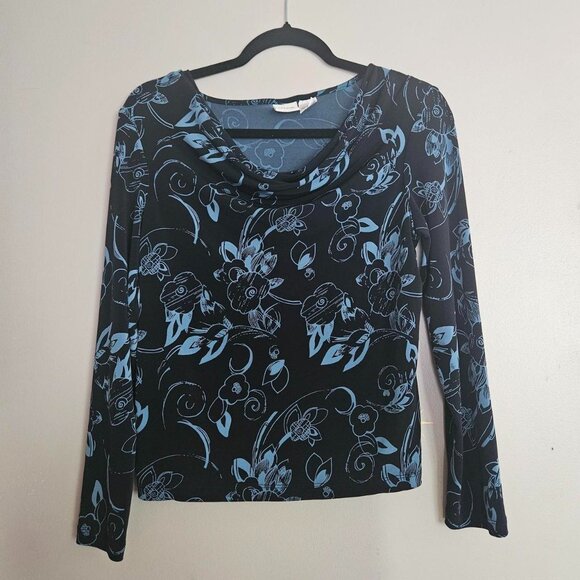 Merona | Tops | Merona Medium Black W Blue Floral Wide Cowl Neck Blouse ...